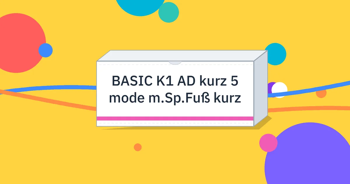 Symbolbild: Packung mit der Aufschrift BASIC K1 AD kurz 5 mode m.Sp.Fuß kurz (PZN 20258947) – Verfügbarkeit und Bezug in Apotheken in Frankfurt am Main