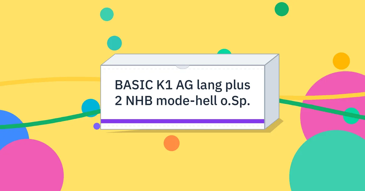 Symbolbild: Packung mit der Aufschrift BASIC K1 AG lang plus 2 NHB mode-hell o.Sp. (PZN 20260097) – Verfügbarkeit und Bezug in Apotheken in Frankfurt am Main
