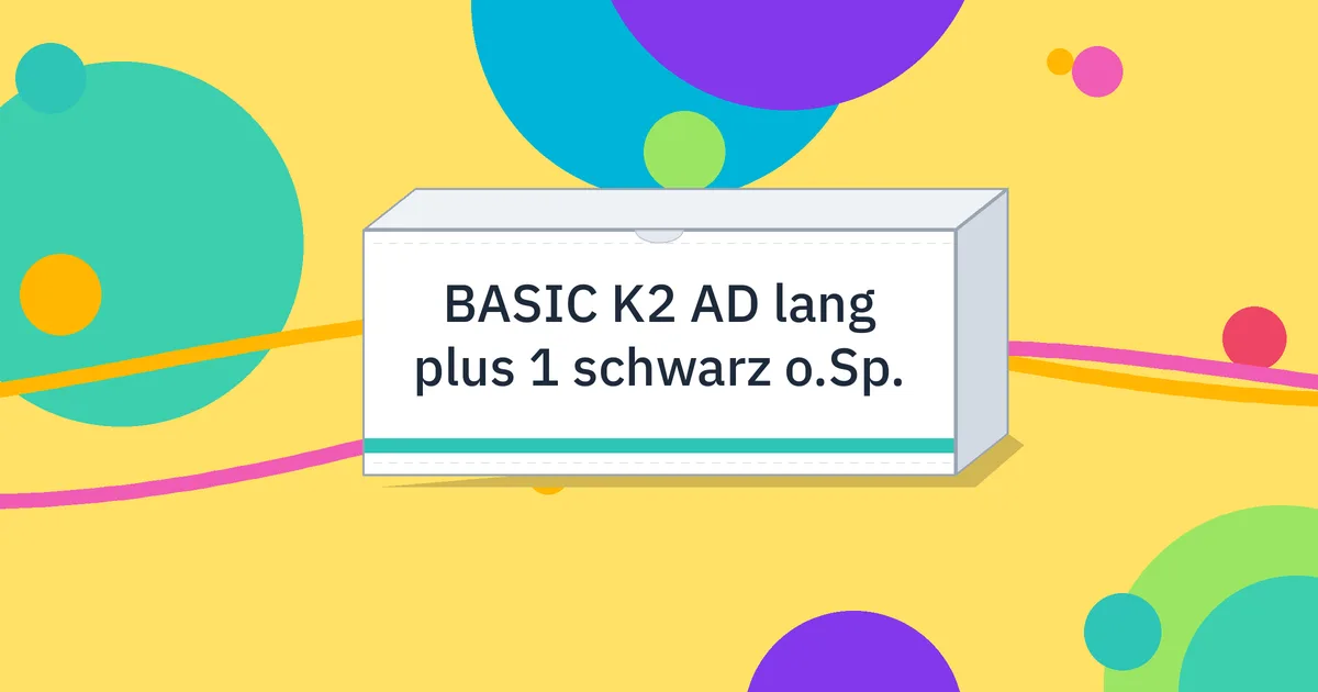 Symbolbild: Packung mit der Aufschrift BASIC K2 AD lang plus 1 schwarz o.Sp. (PZN 20263440) – Verfügbarkeit und Bezug in Apotheken in Frankfurt am Main