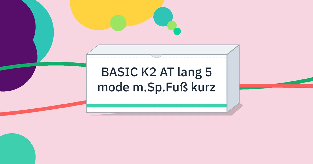 Symbolbild: Packung mit der Aufschrift BASIC K2 AT lang 5 mode m.Sp.Fuß kurz (PZN 20269709) – Verfügbarkeit und Bezug in Apotheken in Frankfurt am Main