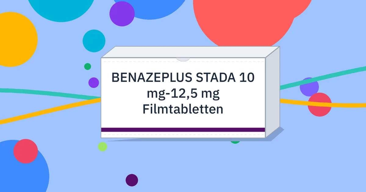 Symbolbild: Packung mit der Aufschrift BENAZEPLUS STADA 10 mg-12,5 mg Filmtabletten (PZN 03845324) – Verfügbarkeit und Bezug in Apotheken in Frankfurt am Main