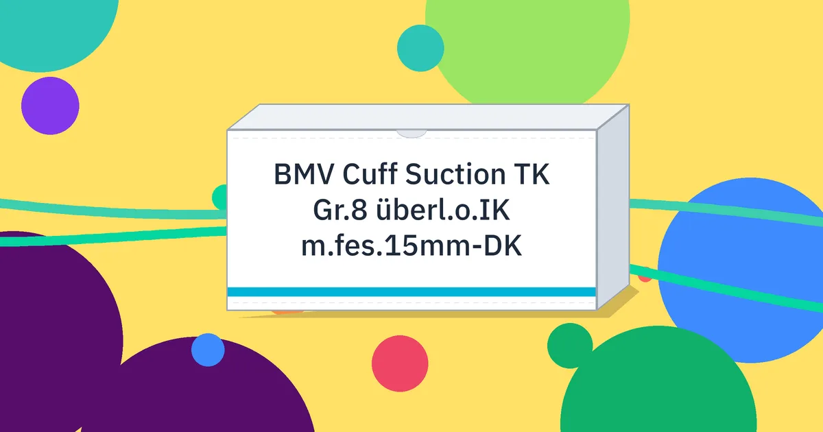 Symbolbild: Packung mit der Aufschrift BMV Cuff Suction TK Gr.8 überl.o.IK m.fes.15mm-DK (PZN 18848742) – Verfügbarkeit und Bezug in Apotheken in Frankfurt am Main