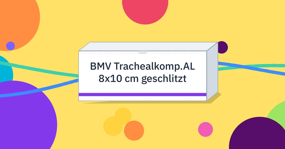 Symbolbild: Packung mit der Aufschrift BMV Trachealkomp.AL 8x10 cm geschlitzt (PZN 10182462) – Verfügbarkeit und Bezug in Apotheken in Frankfurt am Main