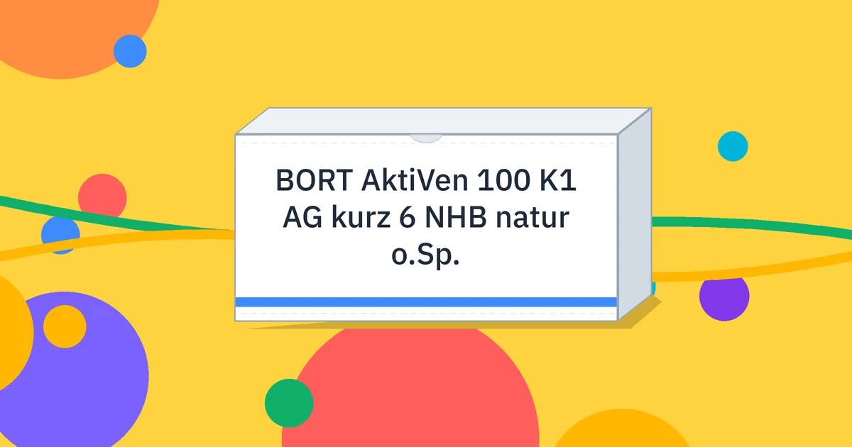 Symbolbild: Packung mit der Aufschrift BORT AktiVen 100 K1 AG kurz 6 NHB natur o.Sp. (PZN 13729582) – Verfügbarkeit und Bezug in Apotheken in Frankfurt am Main