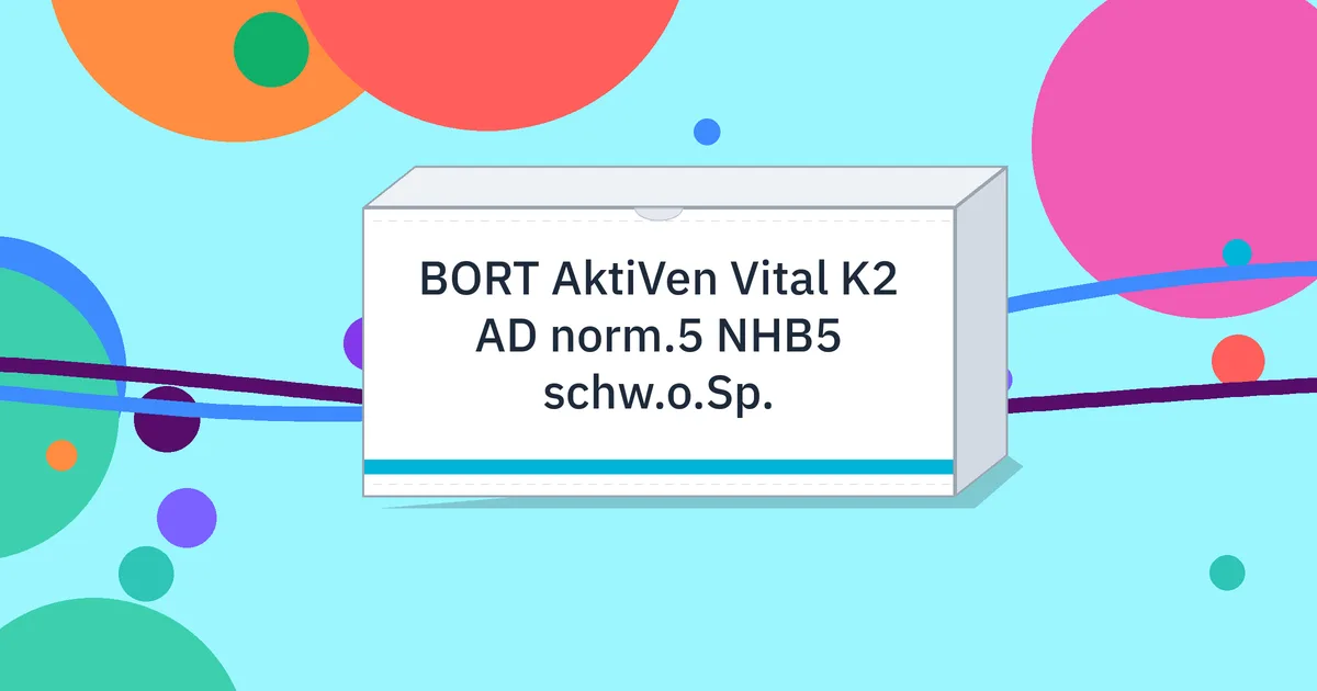 Symbolbild: Packung mit der Aufschrift BORT AktiVen Vital K2 AD norm.5 NHB5 schw.o.Sp. (PZN 17493136) – Verfügbarkeit und Bezug in Apotheken in Frankfurt am Main