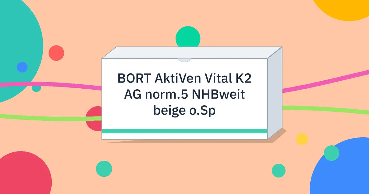 Symbolbild: Packung mit der Aufschrift BORT AktiVen Vital K2 AG norm.5 NHBweit beige o.Sp (PZN 13731604) – Verfügbarkeit und Bezug in Apotheken in Frankfurt am Main