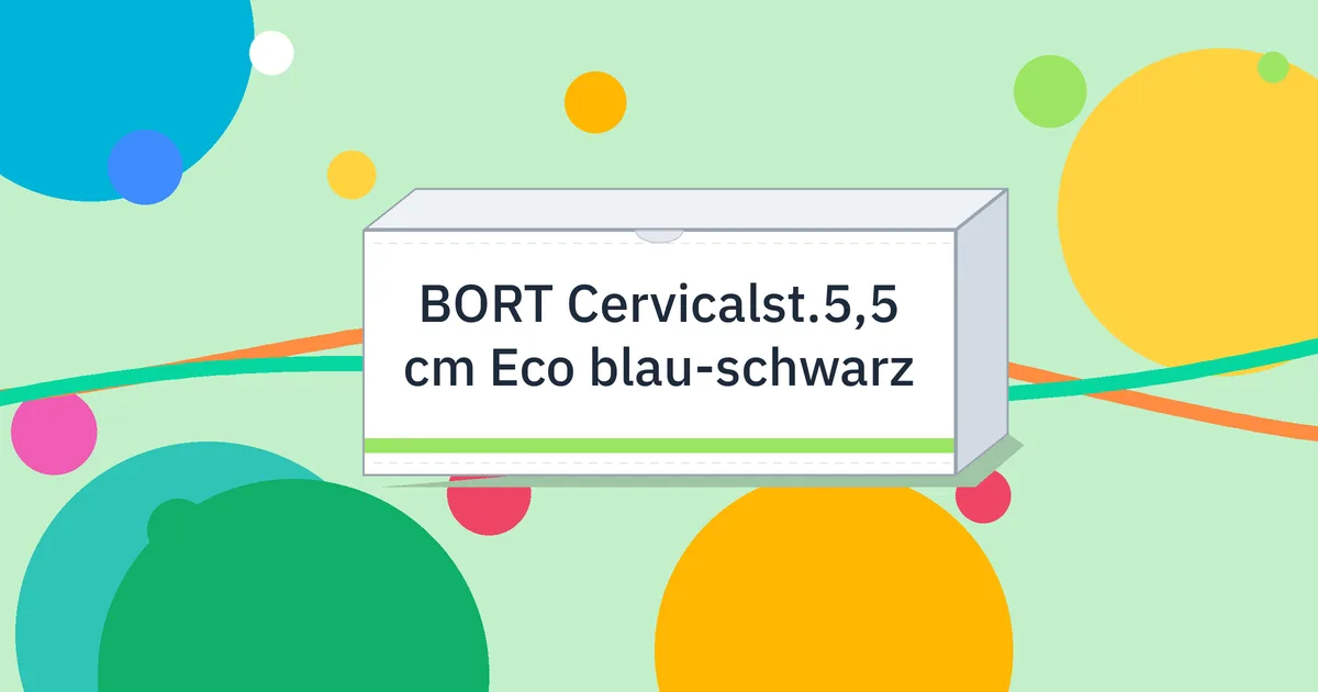 Symbolbild: Packung mit der Aufschrift BORT Cervicalst.5,5 cm Eco blau-schwarz (PZN 10207015) – Verfügbarkeit und Bezug in Apotheken in Frankfurt am Main