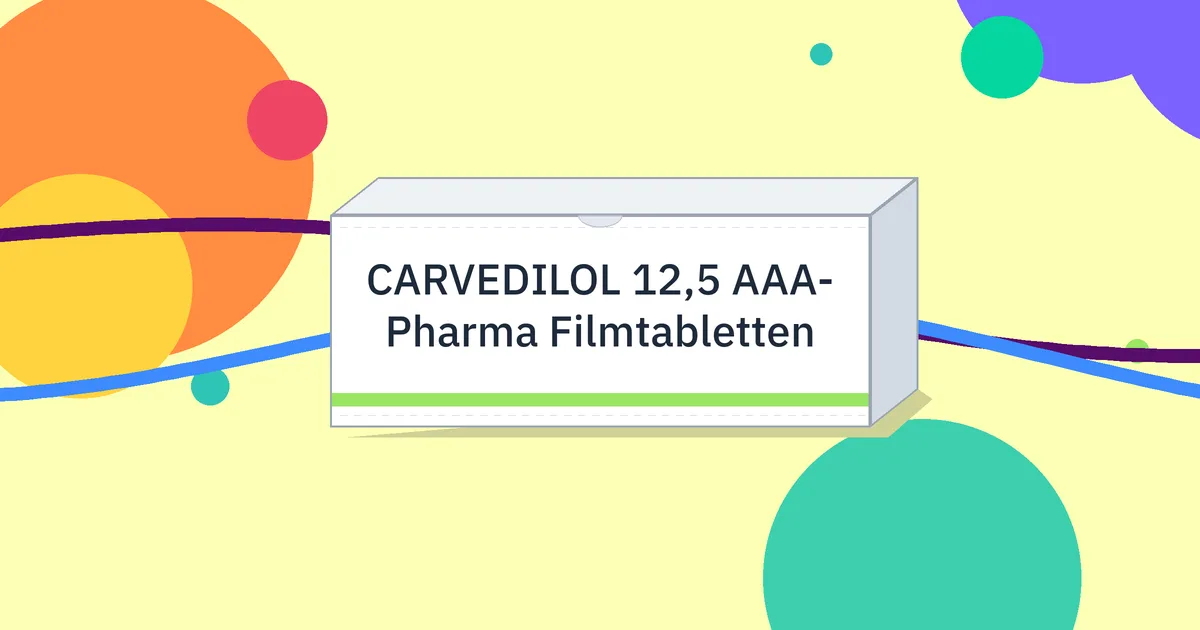 Symbolbild: Packung mit der Aufschrift CARVEDILOL 12,5 AAA-Pharma Filmtabletten (PZN 02895490) – Verfügbarkeit und Bezug in Apotheken in Frankfurt am Main