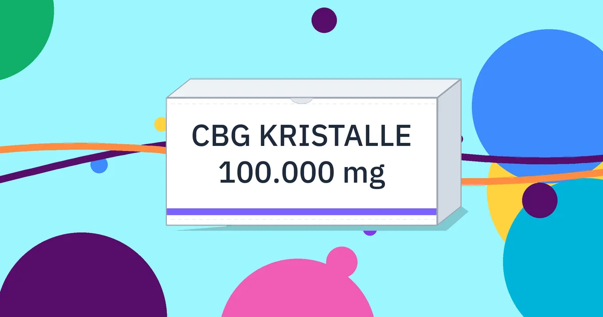 Symbolbild: Packung mit der Aufschrift CBG KRISTALLE 100.000 mg (PZN 15584308) – Verfügbarkeit und Bezug in Apotheken in Frankfurt am Main