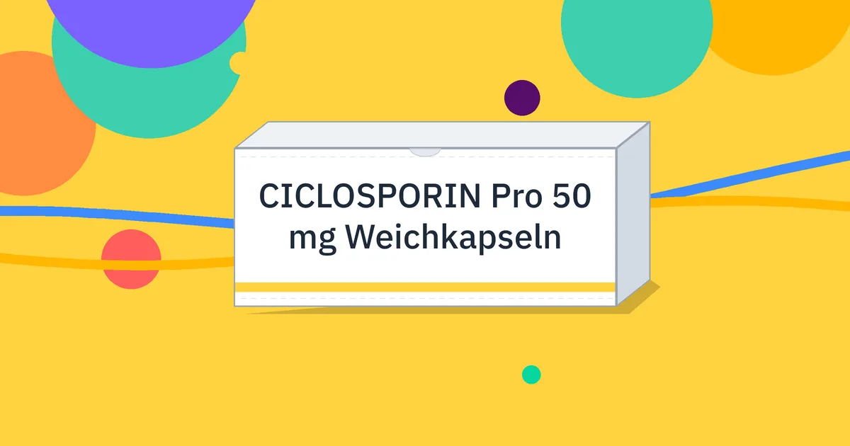 Symbolbild: Packung mit der Aufschrift CICLOSPORIN Pro 50 mg Weichkapseln (PZN 16223133) – Verfügbarkeit und Bezug in Apotheken in Frankfurt am Main