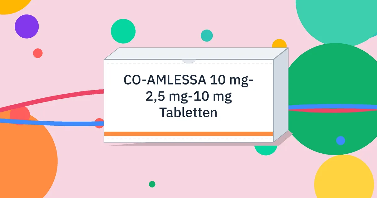 Symbolbild: Packung mit der Aufschrift CO-AMLESSA 10 mg-2,5 mg-10 mg Tabletten (PZN 19856608) – Verfügbarkeit und Bezug in Apotheken in Frankfurt am Main