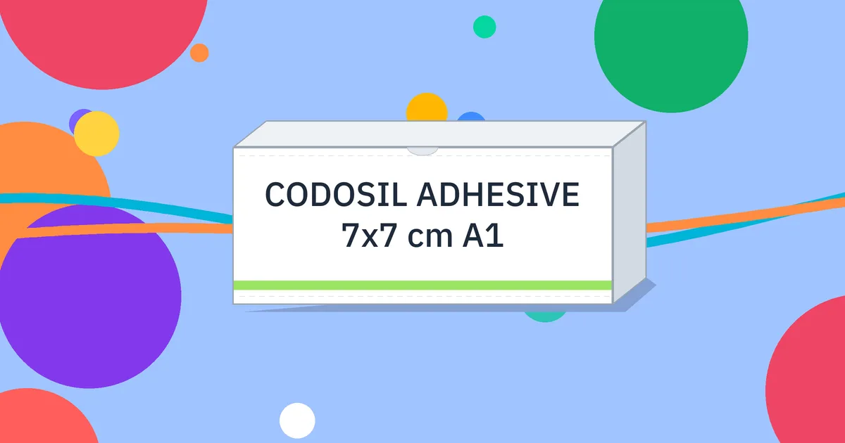 Symbolbild: Packung mit der Aufschrift CODOSIL ADHESIVE 7x7 cm A1 (PZN 19235846) – Verfügbarkeit und Bezug in Apotheken in Frankfurt am Main
