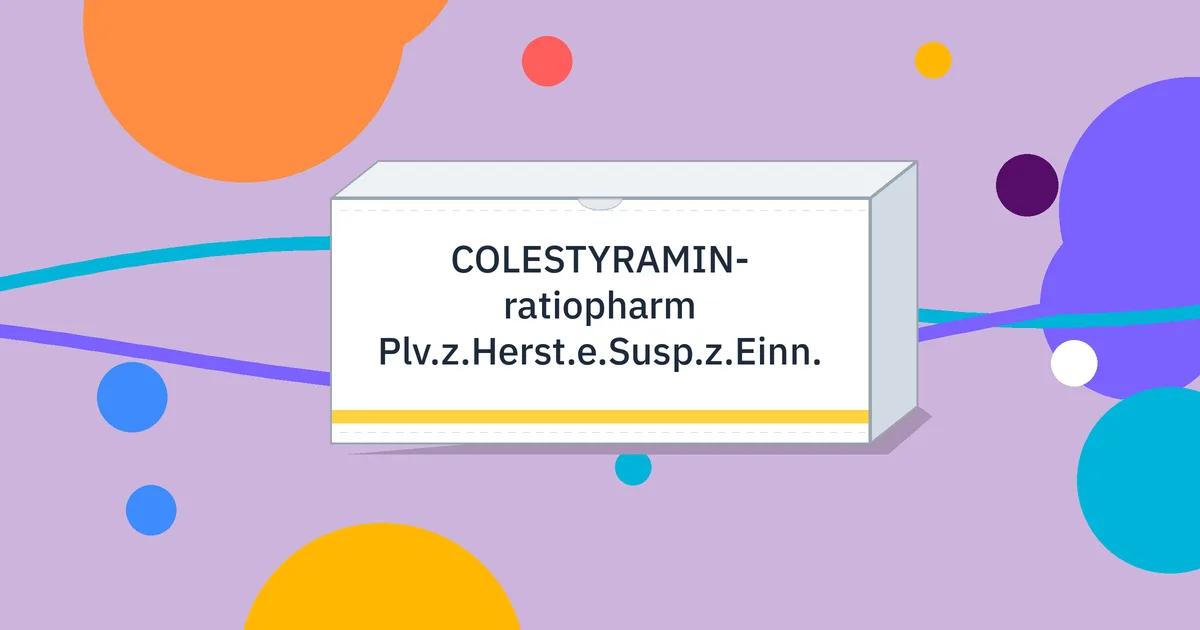Symbolbild: Packung mit der Aufschrift COLESTYRAMIN-ratiopharm Plv.z.Herst.e.Susp.z.Einn. (PZN 03752060) – Verfügbarkeit und Bezug in Apotheken in Frankfurt am Main
