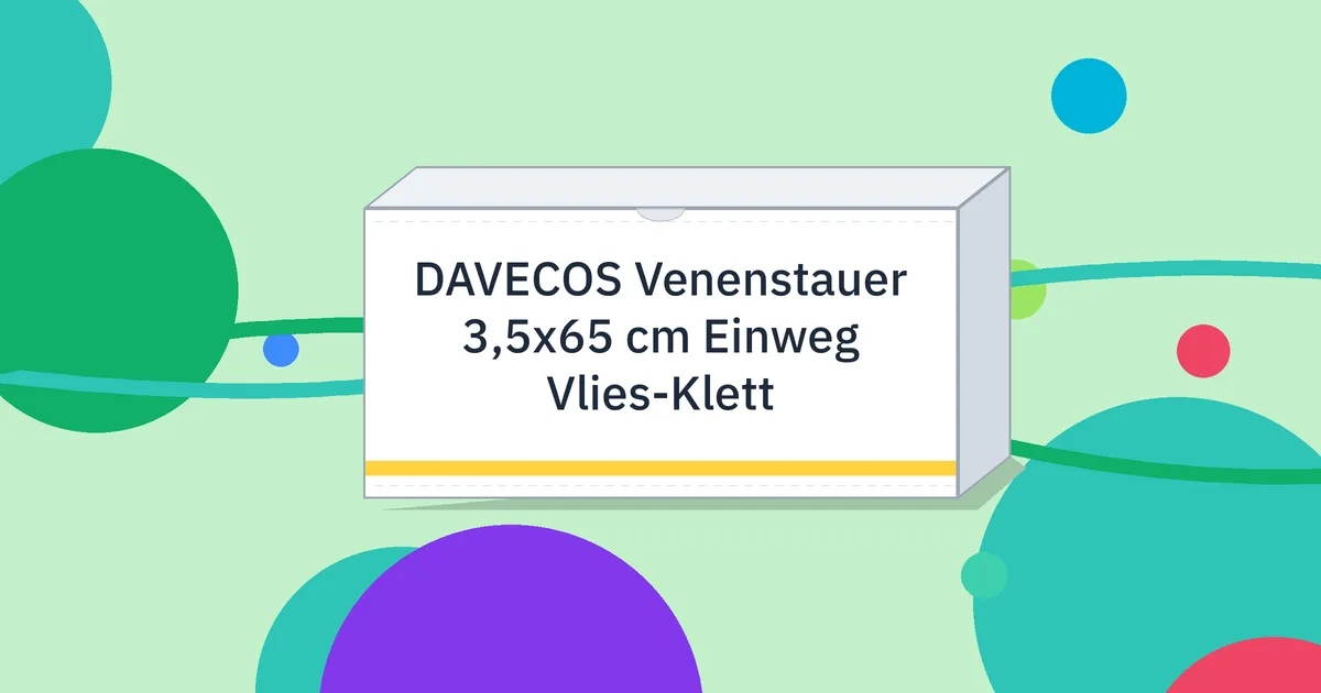 Symbolbild: Packung mit der Aufschrift DAVECOS Venenstauer 3,5x65 cm Einweg Vlies-Klett (PZN 11102732) – Verfügbarkeit und Bezug in Apotheken in Frankfurt am Main