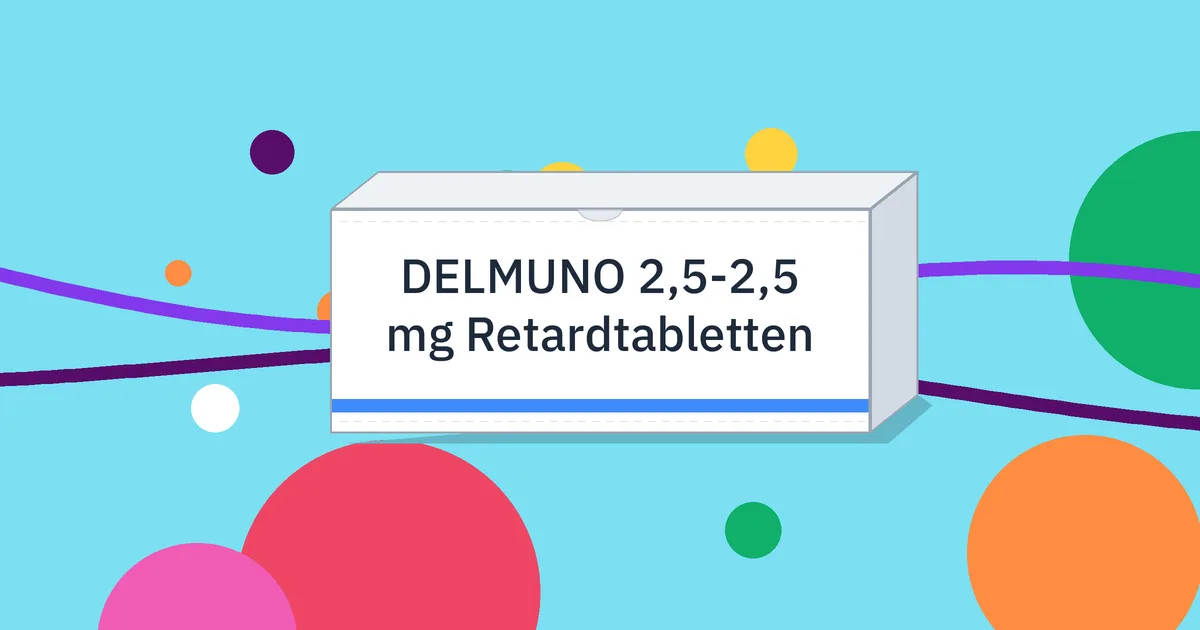Symbolbild: Packung mit der Aufschrift DELMUNO 2,5-2,5 mg Retardtabletten (PZN 17283315) – Verfügbarkeit und Bezug in Apotheken in Frankfurt am Main