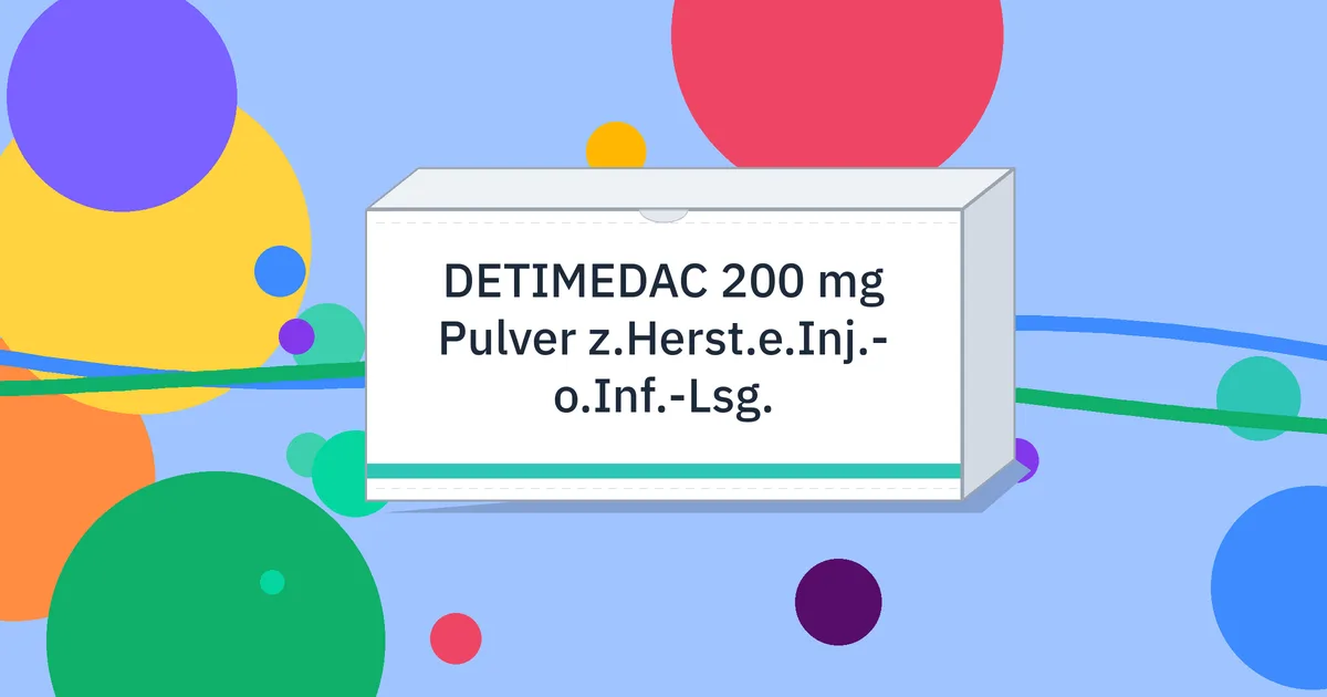 Symbolbild: Packung mit der Aufschrift DETIMEDAC 200 mg Pulver z.Herst.e.Inj.-o.Inf.-Lsg. (PZN 04613627) – Verfügbarkeit und Bezug in Apotheken in Frankfurt am Main