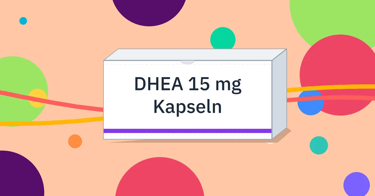 Symbolbild: Packung mit der Aufschrift DHEA 15 mg Kapseln (PZN 18471757) – Verfügbarkeit und Bezug in Apotheken in Frankfurt am Main