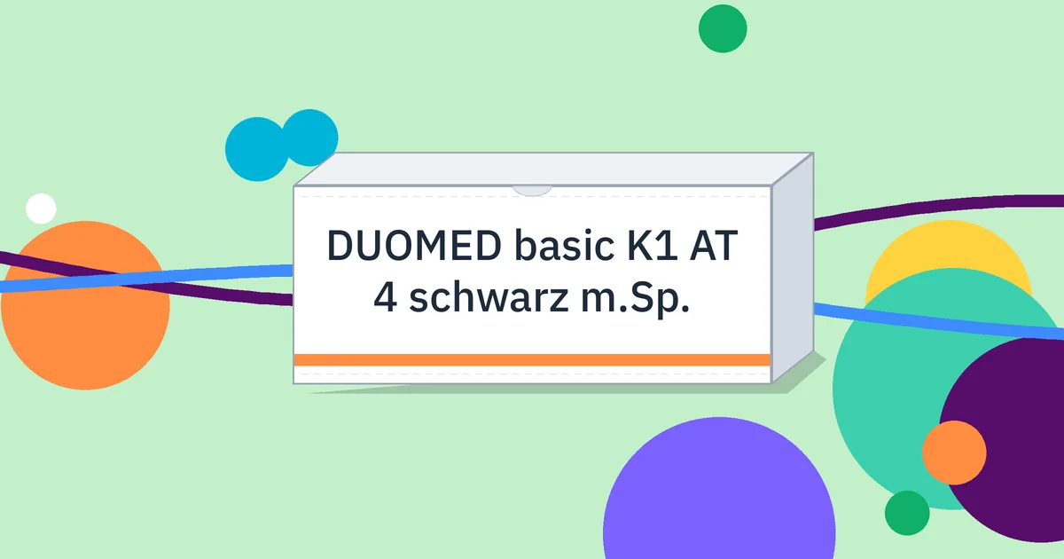 Symbolbild: Packung mit der Aufschrift DUOMED basic K1 AT 4 schwarz m.Sp. (PZN 20902785) – Verfügbarkeit und Bezug in Apotheken in Frankfurt am Main