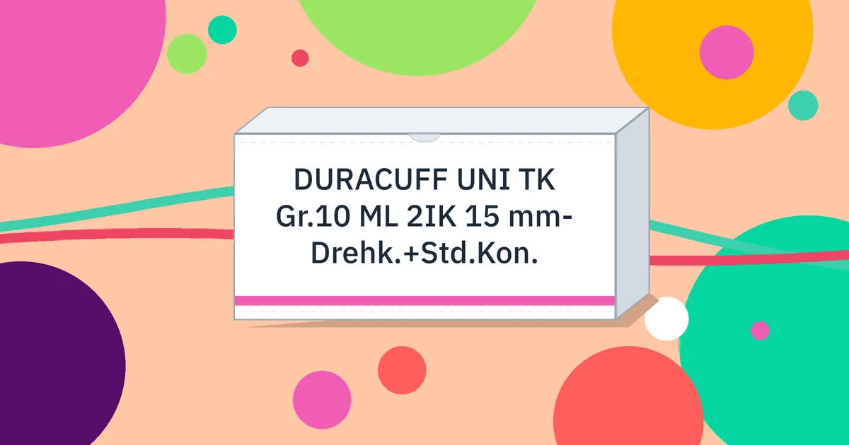 Symbolbild: Packung mit der Aufschrift DURACUFF UNI TK Gr.10 ML 2IK 15 mm-Drehk.+Std.Kon. (PZN 04961044) – Verfügbarkeit und Bezug in Apotheken in Frankfurt am Main