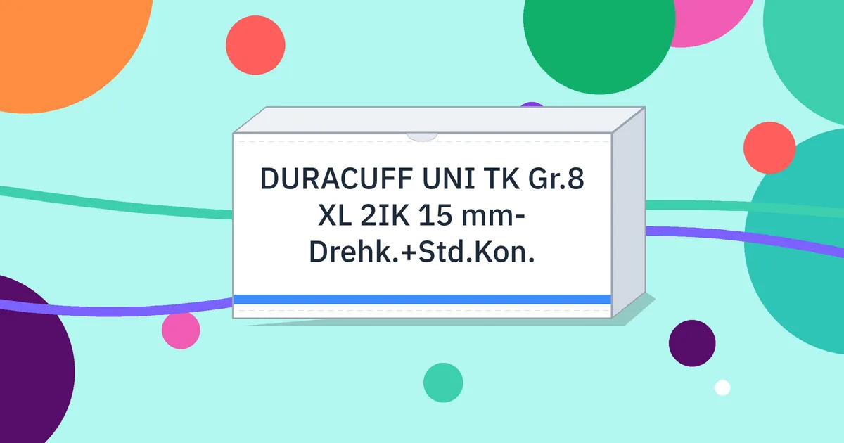 Symbolbild: Packung mit der Aufschrift DURACUFF UNI TK Gr.8 XL 2IK 15 mm-Drehk.+Std.Kon. (PZN 04963391) – Verfügbarkeit und Bezug in Apotheken in Frankfurt am Main