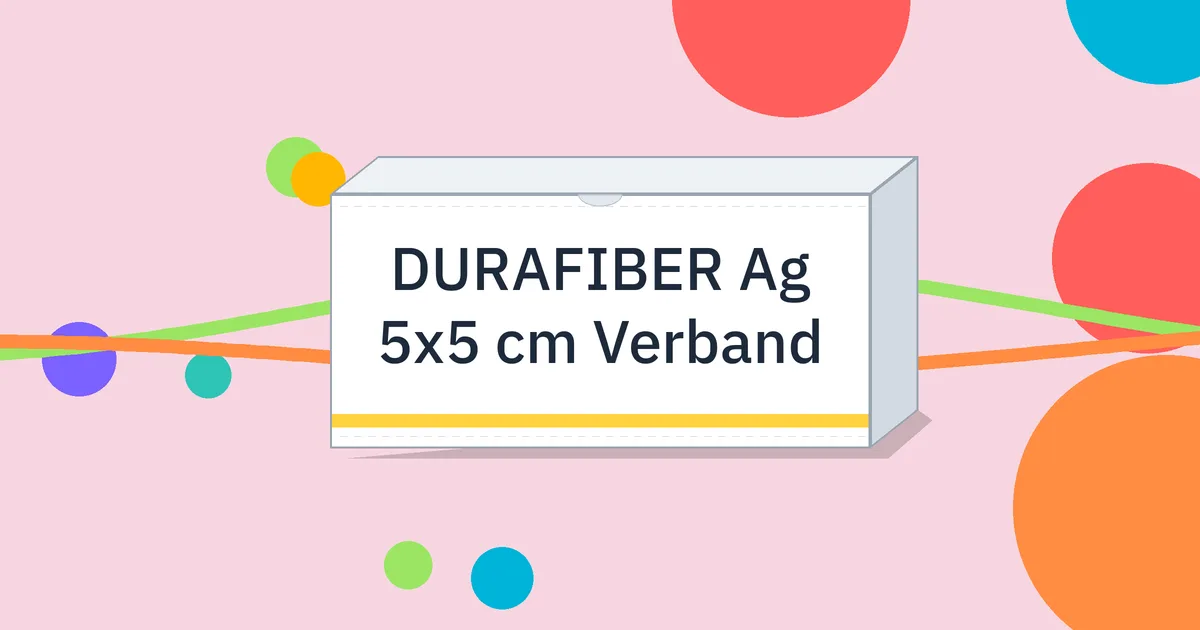 Symbolbild: Packung mit der Aufschrift DURAFIBER Ag 5x5 cm Verband (PZN 17938064) – Verfügbarkeit und Bezug in Apotheken in Frankfurt am Main