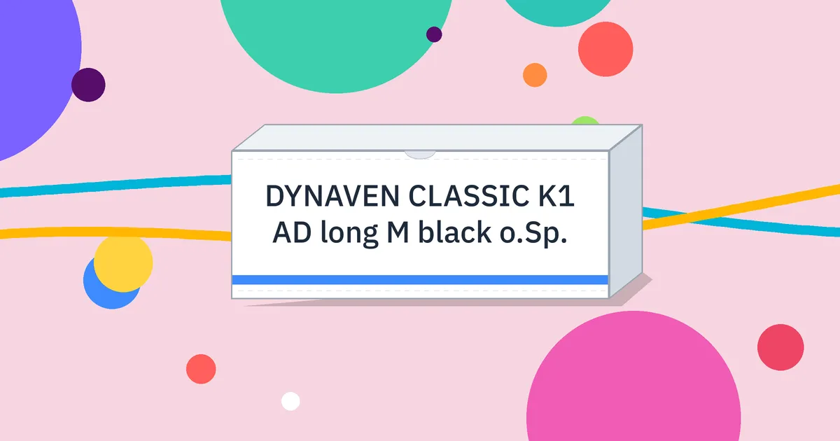 Symbolbild: Packung mit der Aufschrift DYNAVEN CLASSIC K1 AD long M black o.Sp. (PZN 18414185) – Verfügbarkeit und Bezug in Apotheken in Frankfurt am Main