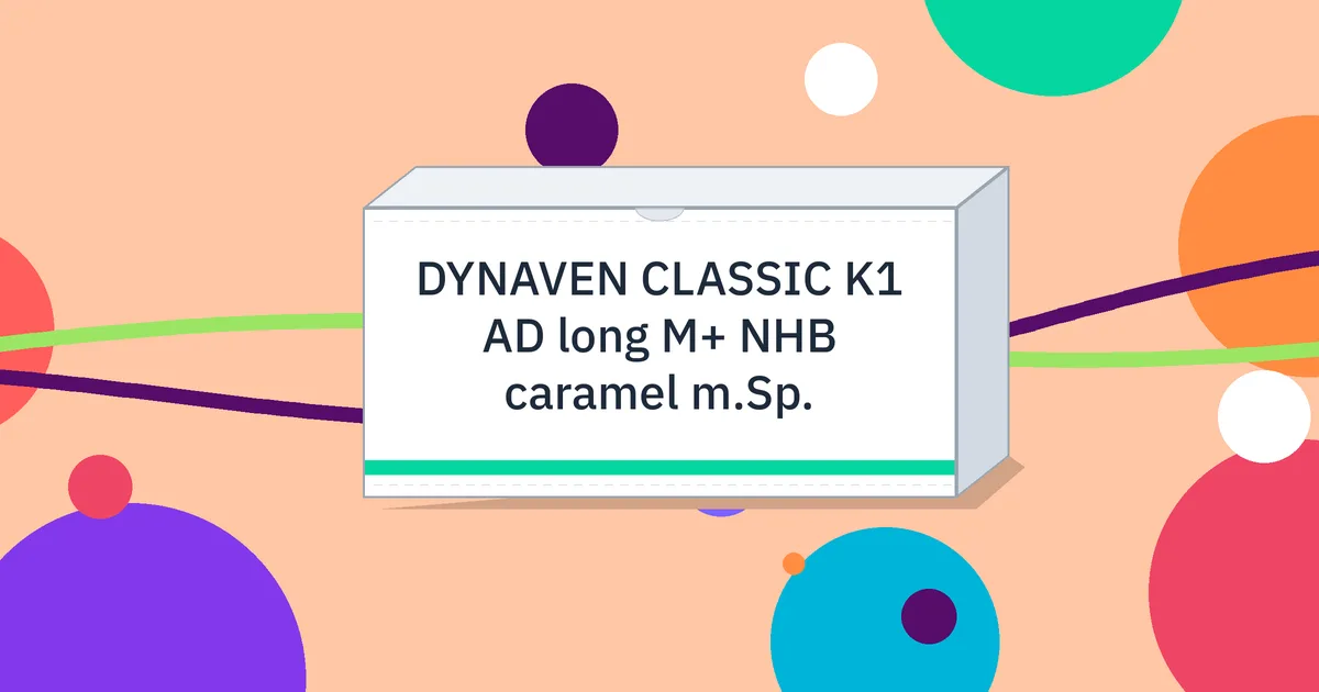 Symbolbild: Packung mit der Aufschrift DYNAVEN CLASSIC K1 AD long M+ NHB caramel m.Sp. (PZN 18415262) – Verfügbarkeit und Bezug in Apotheken in Frankfurt am Main