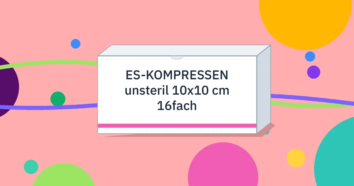 Symbolbild: Packung mit der Aufschrift ES-KOMPRESSEN unsteril 10x10 cm 16fach (PZN 17839646) – Verfügbarkeit und Bezug in Apotheken in Frankfurt am Main