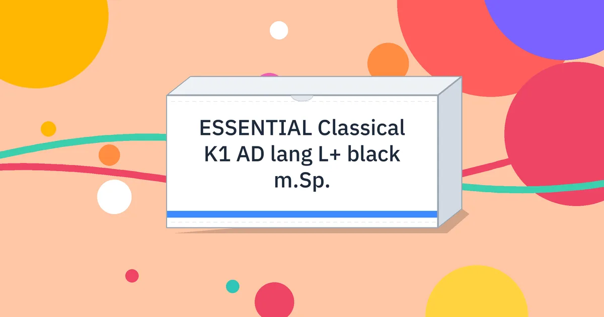 Symbolbild: Packung mit der Aufschrift ESSENTIAL Classical K1 AD lang L+ black m.Sp. (PZN 17000168) – Verfügbarkeit und Bezug in Apotheken in Frankfurt am Main