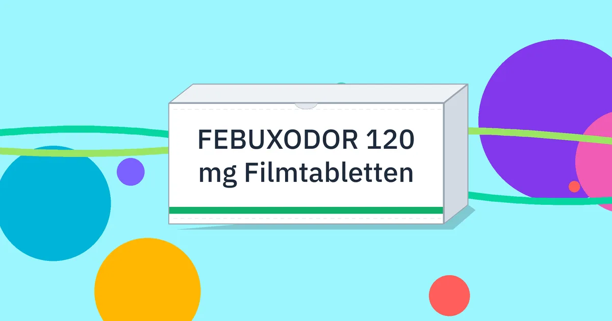Symbolbild: Packung mit der Aufschrift FEBUXODOR 120 mg Filmtabletten (PZN 15426118) – Verfügbarkeit und Bezug in Apotheken in Frankfurt am Main
