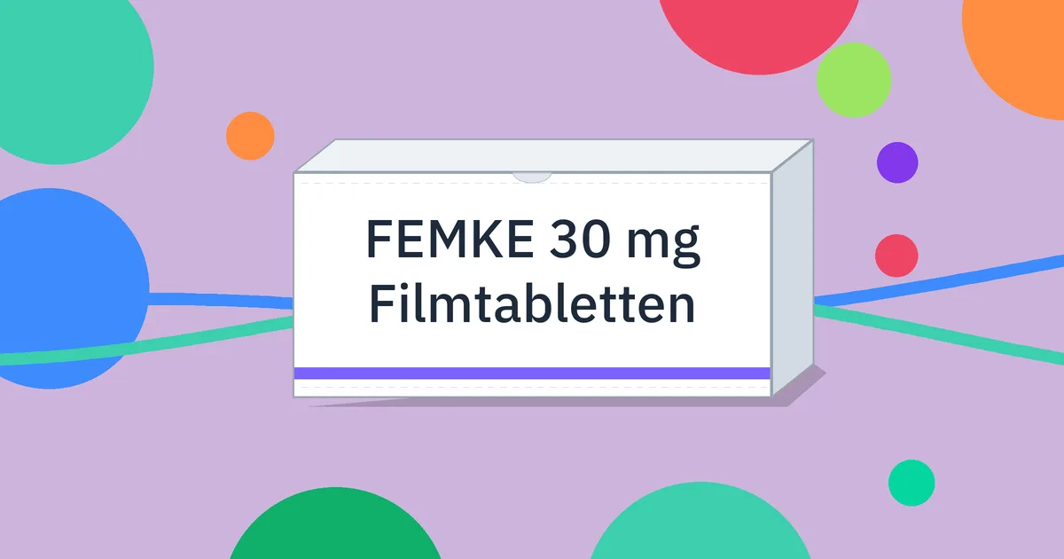 Symbolbild: Packung mit der Aufschrift FEMKE 30 mg Filmtabletten (PZN 16007263) – Verfügbarkeit und Bezug in Apotheken in Frankfurt am Main