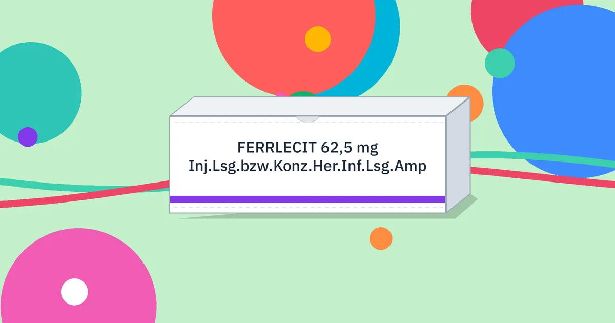 Symbolbild: Packung mit der Aufschrift FERRLECIT 62,5 mg Inj.Lsg.bzw.Konz.Her.Inf.Lsg.Amp (PZN 04736034) – Verfügbarkeit und Bezug in Apotheken in Frankfurt am Main
