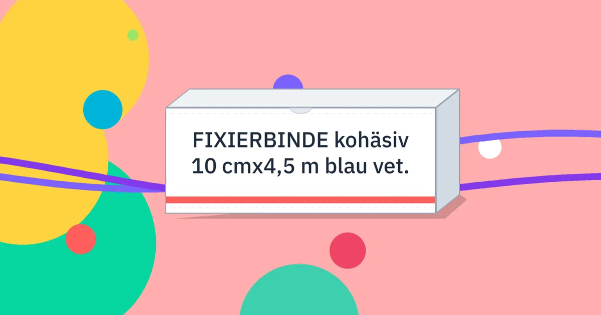 Symbolbild: Packung mit der Aufschrift FIXIERBINDE kohäsiv 10 cmx4,5 m blau vet. (PZN 18605241) – Verfügbarkeit und Bezug in Apotheken in Frankfurt am Main