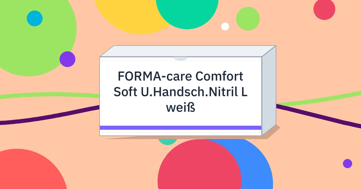 Symbolbild: Packung mit der Aufschrift FORMA-care Comfort Soft U.Handsch.Nitril L weiß (PZN 11615124) – Verfügbarkeit und Bezug in Apotheken in Frankfurt am Main
