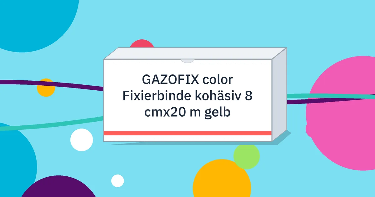 Symbolbild: Packung mit der Aufschrift GAZOFIX color Fixierbinde kohäsiv 8 cmx20 m gelb (PZN 11587698) – Verfügbarkeit und Bezug in Apotheken in Frankfurt am Main