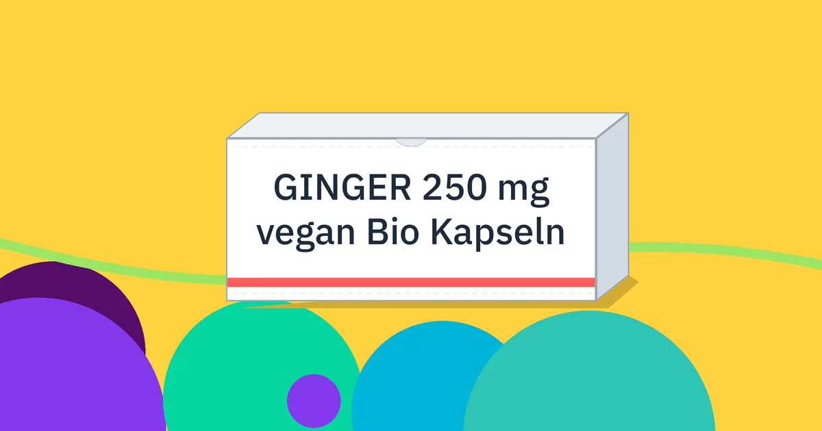 Symbolbild: Packung mit der Aufschrift GINGER 250 mg vegan Bio Kapseln (PZN 18745367) – Verfügbarkeit und Bezug in Apotheken in Frankfurt am Main