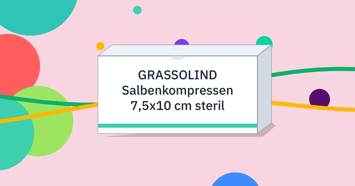 Symbolbild: Packung mit der Aufschrift GRASSOLIND Salbenkompressen 7,5x10 cm steril (PZN 18087740) – Verfügbarkeit und Bezug in Apotheken in Frankfurt am Main