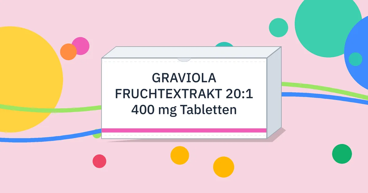 Symbolbild: Packung mit der Aufschrift GRAVIOLA FRUCHTEXTRAKT 20:1 400 mg Tabletten (PZN 11072149) – Verfügbarkeit und Bezug in Apotheken in Frankfurt am Main