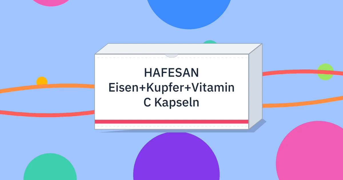 Symbolbild: Packung mit der Aufschrift HAFESAN Eisen+Kupfer+Vitamin C Kapseln (PZN 12453675) – Verfügbarkeit und Bezug in Apotheken in Frankfurt am Main