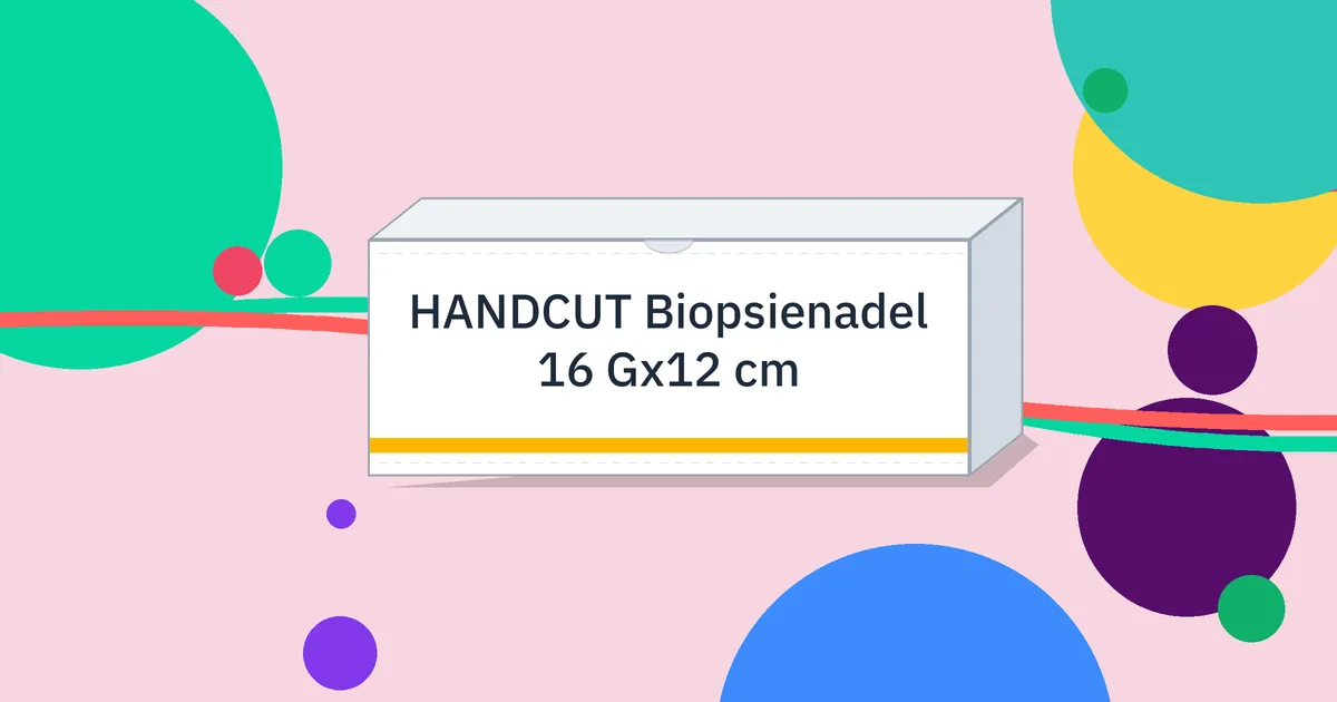 Symbolbild: Packung mit der Aufschrift HANDCUT Biopsienadel 16 Gx12 cm (PZN 16921624) – Verfügbarkeit und Bezug in Apotheken in Frankfurt am Main