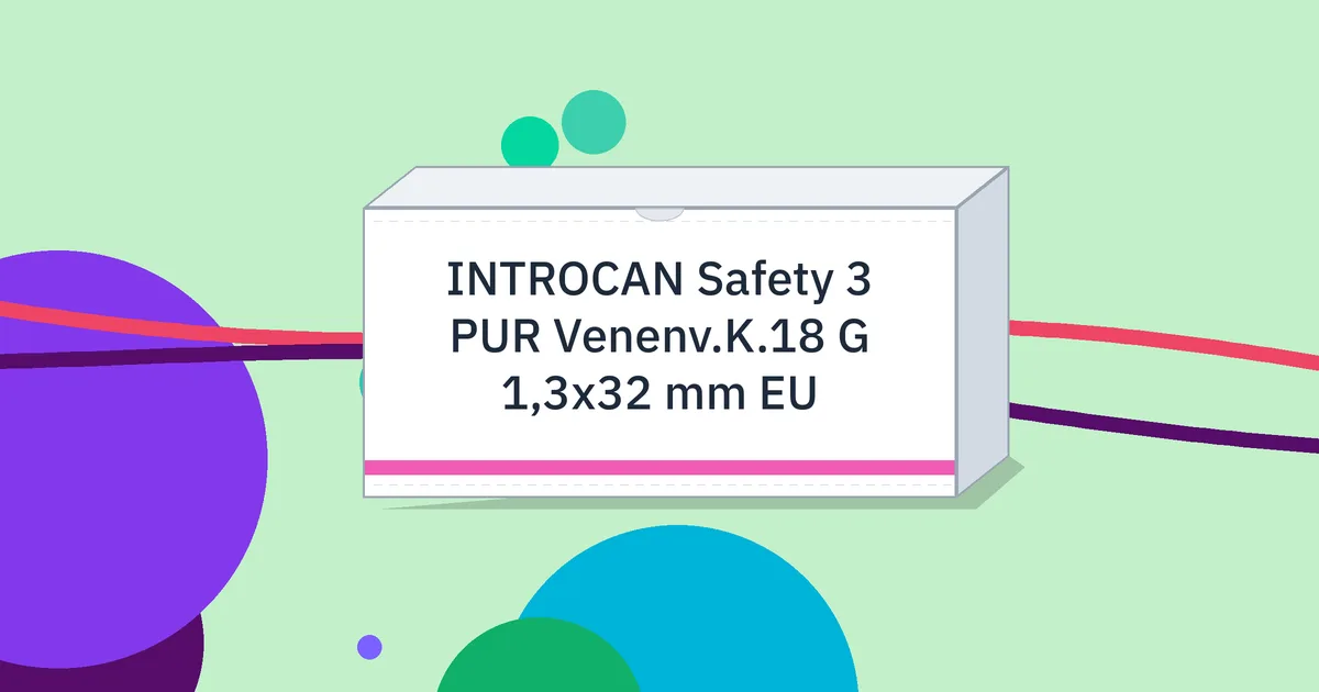 Symbolbild: Packung mit der Aufschrift INTROCAN Safety 3 PUR Venenv.K.18 G 1,3x32 mm EU (PZN 11868730) – Verfügbarkeit und Bezug in Apotheken in Frankfurt am Main