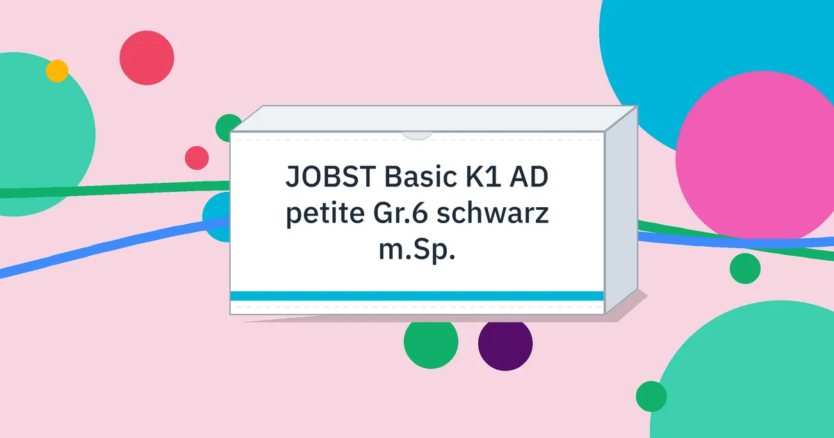 Symbolbild: Packung mit der Aufschrift JOBST Basic K1 AD petite Gr.6 schwarz m.Sp. (PZN 15310812) – Verfügbarkeit und Bezug in Apotheken in Frankfurt am Main