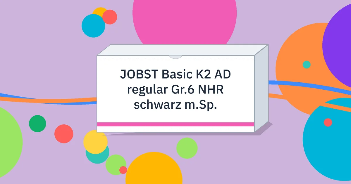 Symbolbild: Packung mit der Aufschrift JOBST Basic K2 AD regular Gr.6 NHR schwarz m.Sp. (PZN 15313176) – Verfügbarkeit und Bezug in Apotheken in Frankfurt am Main