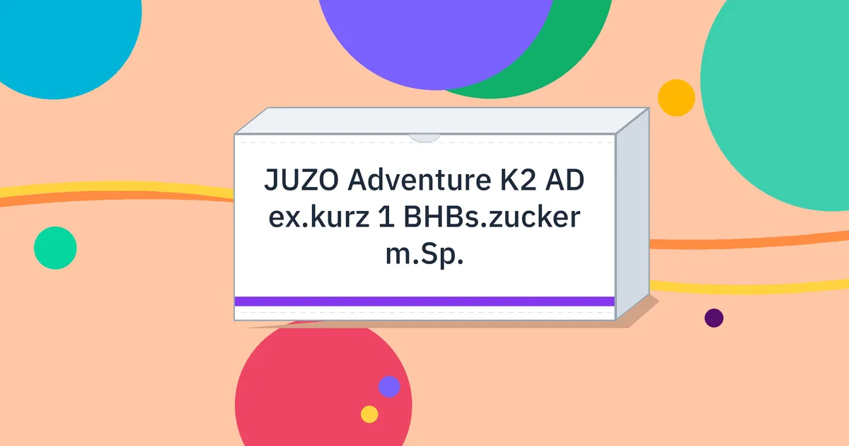 Symbolbild: Packung mit der Aufschrift JUZO Adventure K2 AD ex.kurz 1 BHBs.zucker m.Sp. (PZN 16343297) – Verfügbarkeit und Bezug in Apotheken in Frankfurt am Main