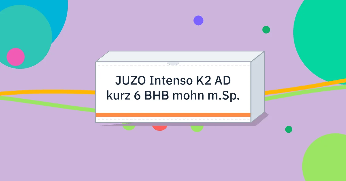 Symbolbild: Packung mit der Aufschrift JUZO Intenso K2 AD kurz 6 BHB mohn m.Sp. (PZN 18614748) – Verfügbarkeit und Bezug in Apotheken in Frankfurt am Main