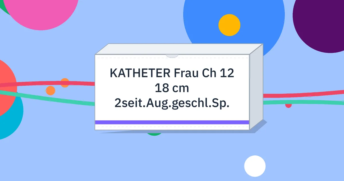 Symbolbild: Packung mit der Aufschrift KATHETER Frau Ch 12 18 cm 2seit.Aug.geschl.Sp. (PZN 02099451) – Verfügbarkeit und Bezug in Apotheken in Frankfurt am Main