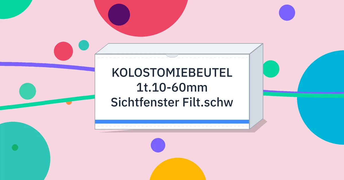 Symbolbild: Packung mit der Aufschrift KOLOSTOMIEBEUTEL 1t.10-60mm Sichtfenster Filt.schw (PZN 19296888) – Verfügbarkeit und Bezug in Apotheken in Frankfurt am Main