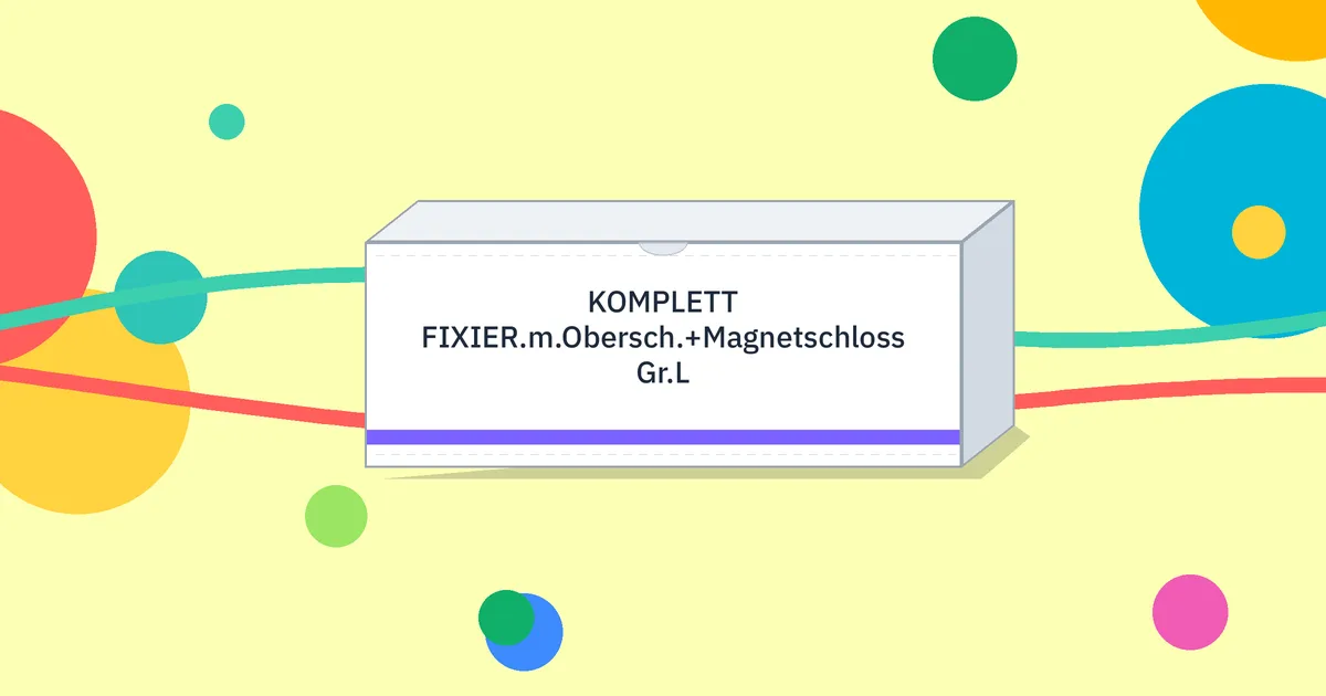 Symbolbild: Packung mit der Aufschrift KOMPLETT FIXIER.m.Obersch.+Magnetschloss Gr.L (PZN 11573621) – Verfügbarkeit und Bezug in Apotheken in Frankfurt am Main