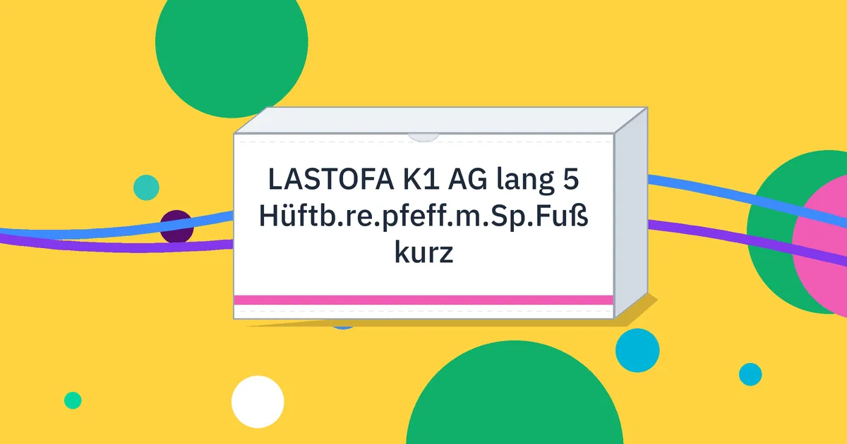 Symbolbild: Packung mit der Aufschrift LASTOFA K1 AG lang 5 Hüftb.re.pfeff.m.Sp.Fuß kurz (PZN 13798910) – Verfügbarkeit und Bezug in Apotheken in Frankfurt am Main