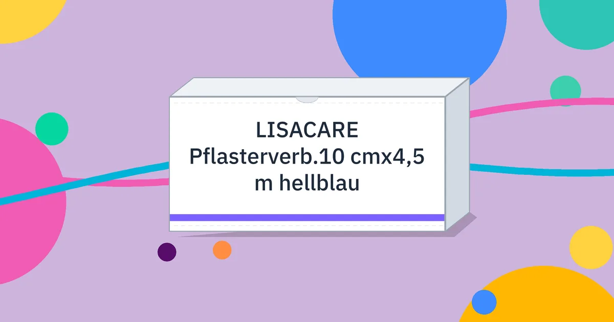 Symbolbild: Packung mit der Aufschrift LISACARE Pflasterverb.10 cmx4,5 m hellblau (PZN 17893172) – Verfügbarkeit und Bezug in Apotheken in Frankfurt am Main